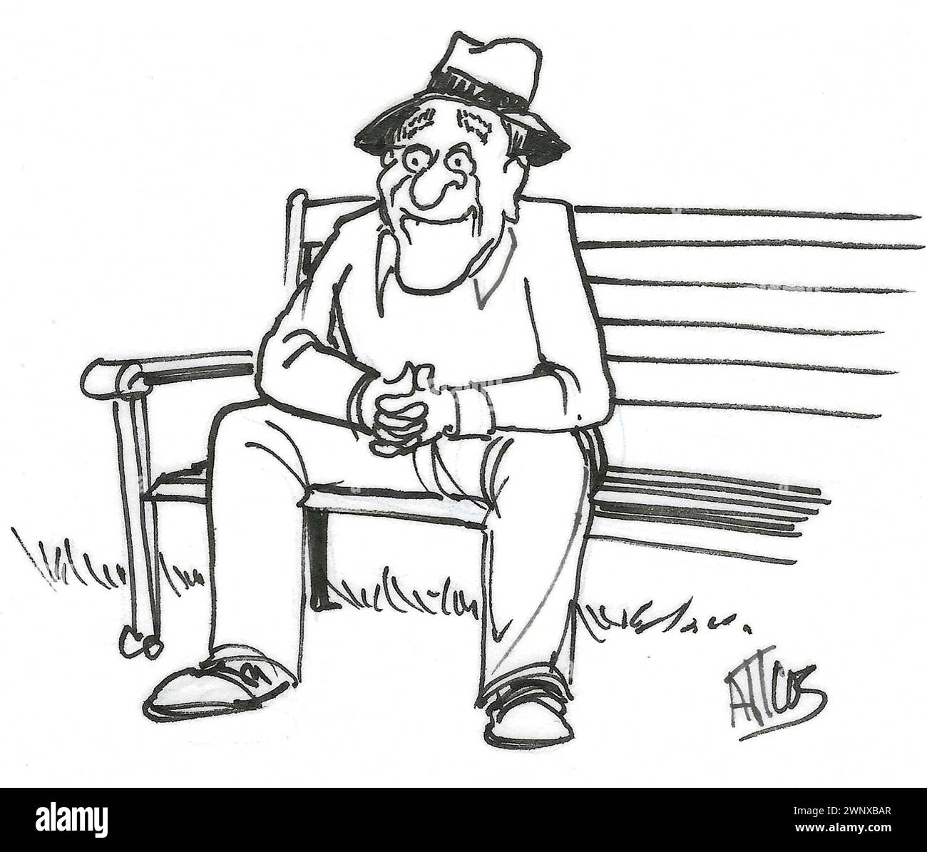 BW cartoon showing a peaceful older man contentedly sitting on a bench ...