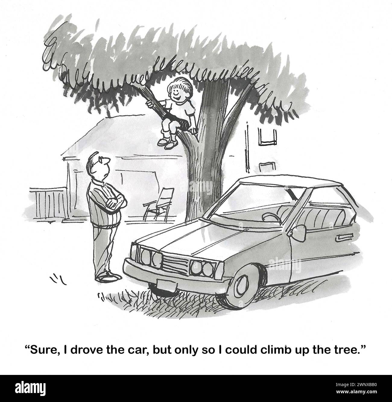 BW cartoon of a young boy explaining to his father why he drove the car ...