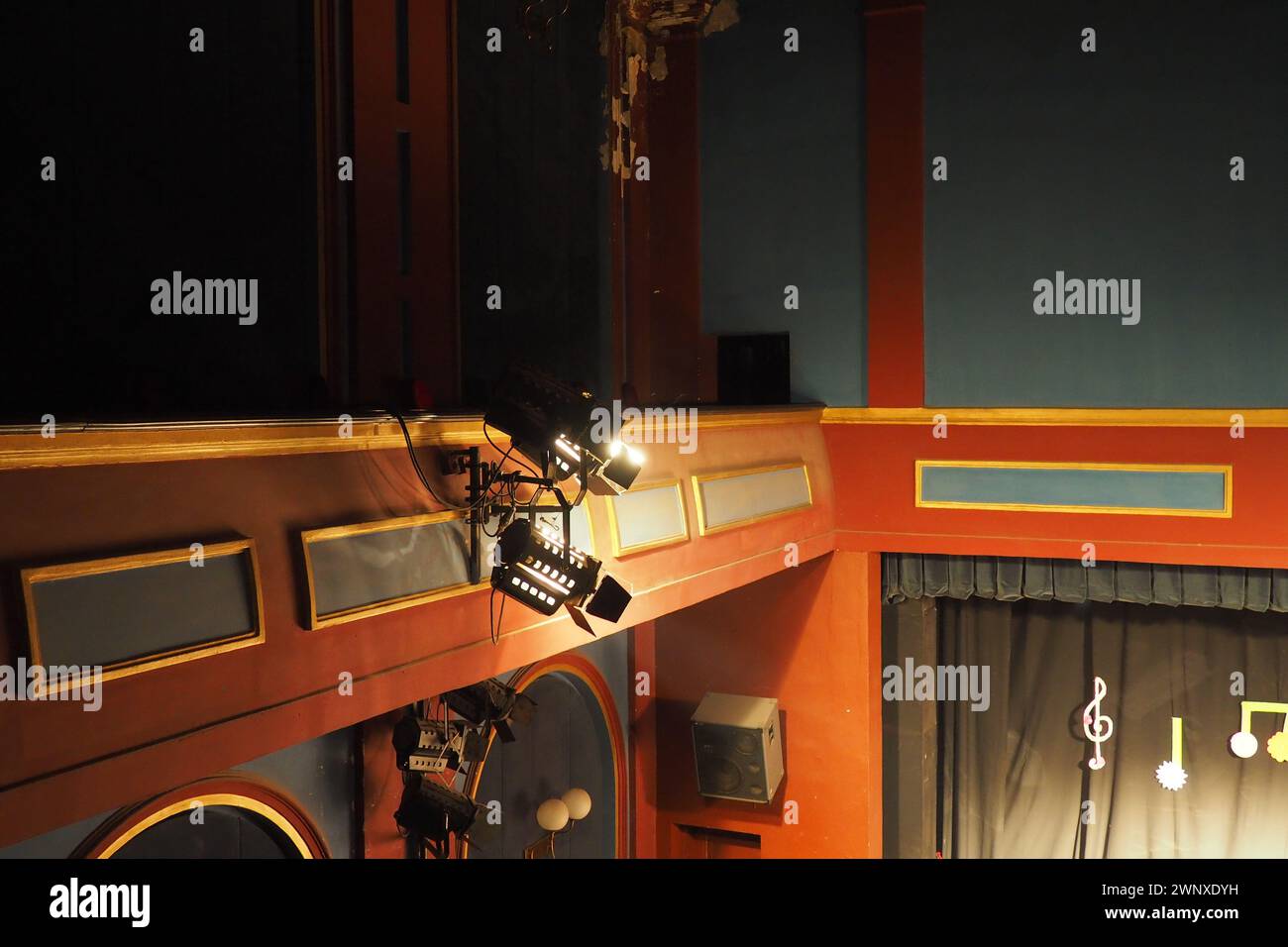 The spotlight shines on the stage in the theater. Lighting in theater ...