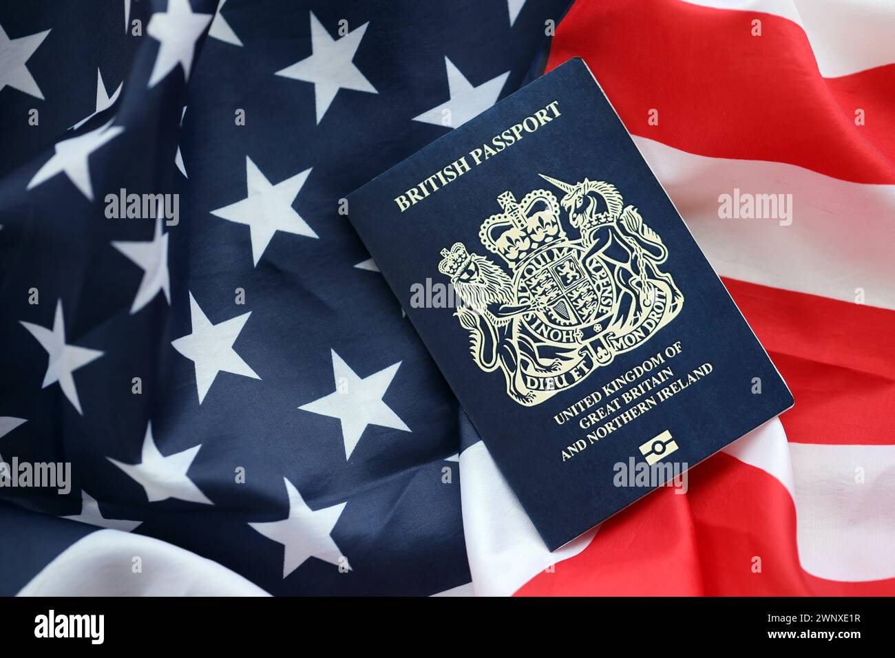 Blue British Passport On United States National Flag Background Close 8762