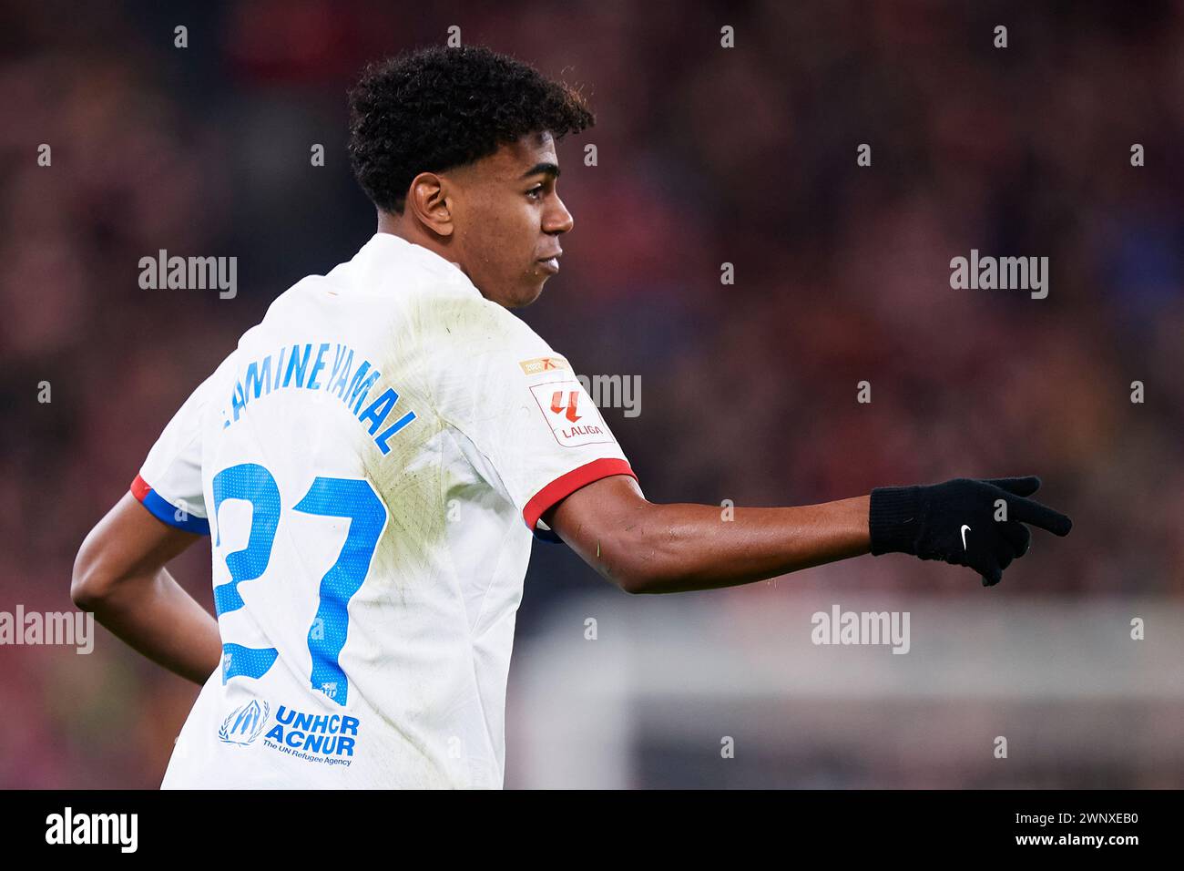Yamine Lamal of FC Barcelona reacts during the LaLiga EA Sports match ...