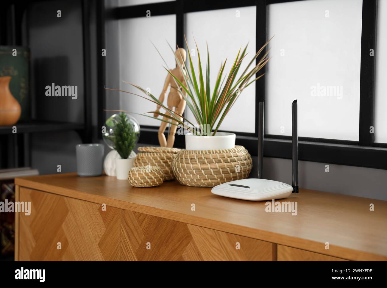 Modern wi-fi router with plants on shelf in room Stock Photo - Alamy