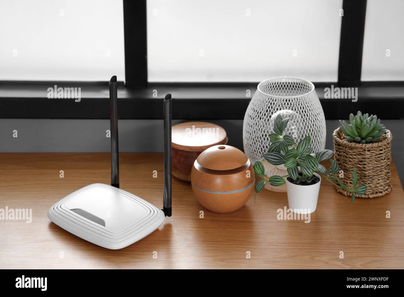 Modern wi-fi router with plants and lamp on shelf in room Stock Photo ...