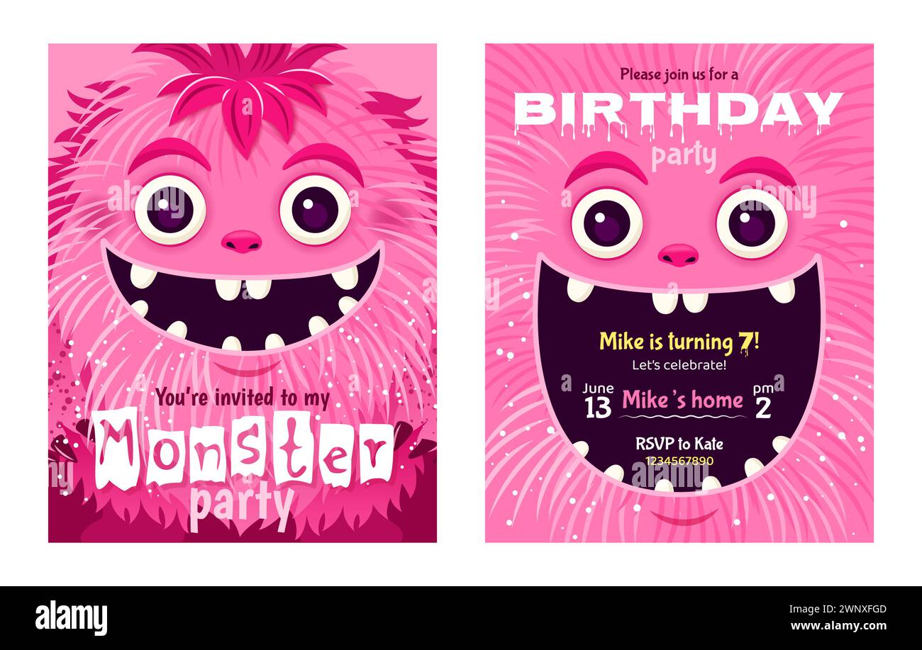 Monster party invitation set. Happy Birthday greeting cards Stock ...