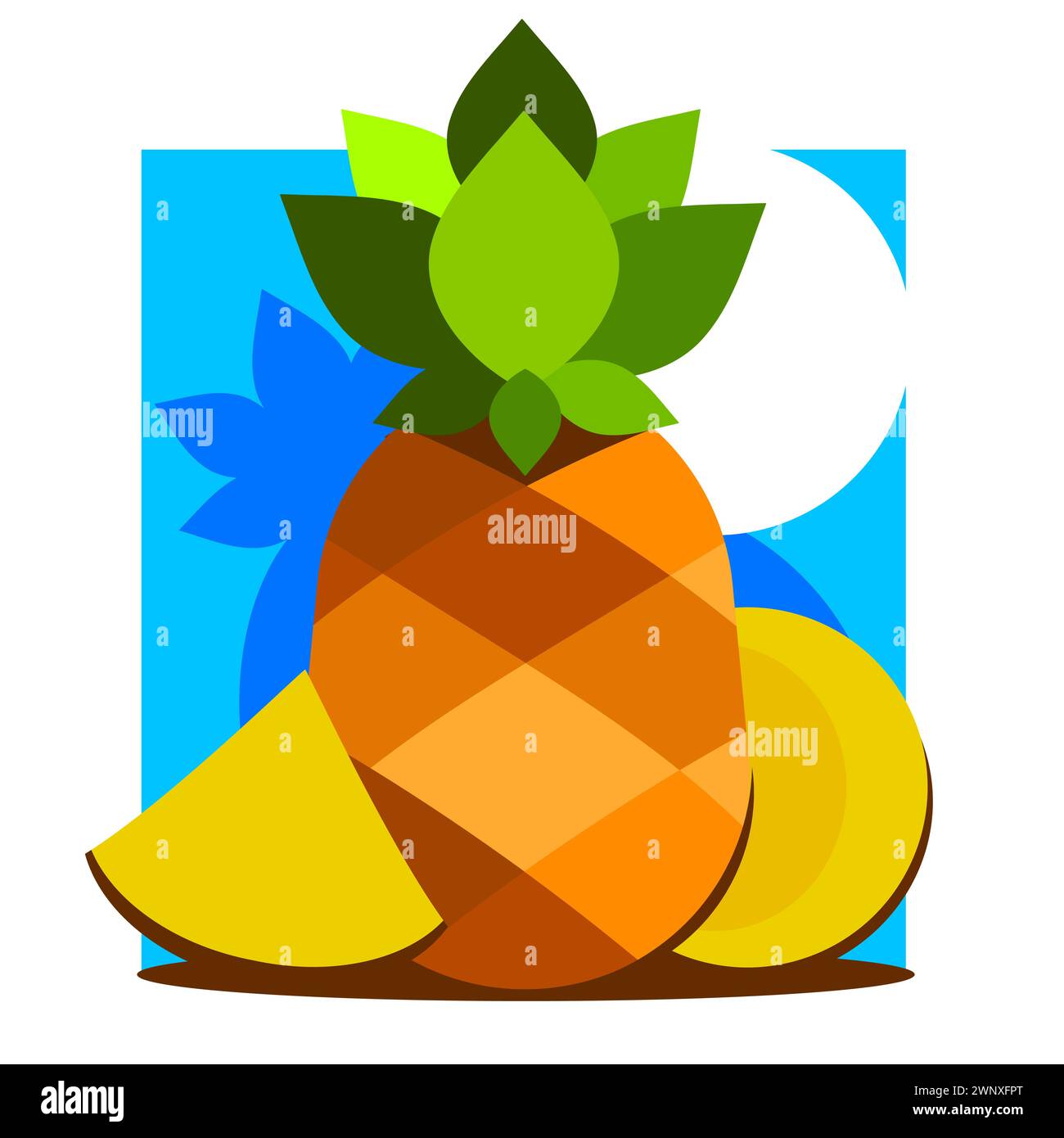 Whole pineapple with round slices and piece isolated on white ...