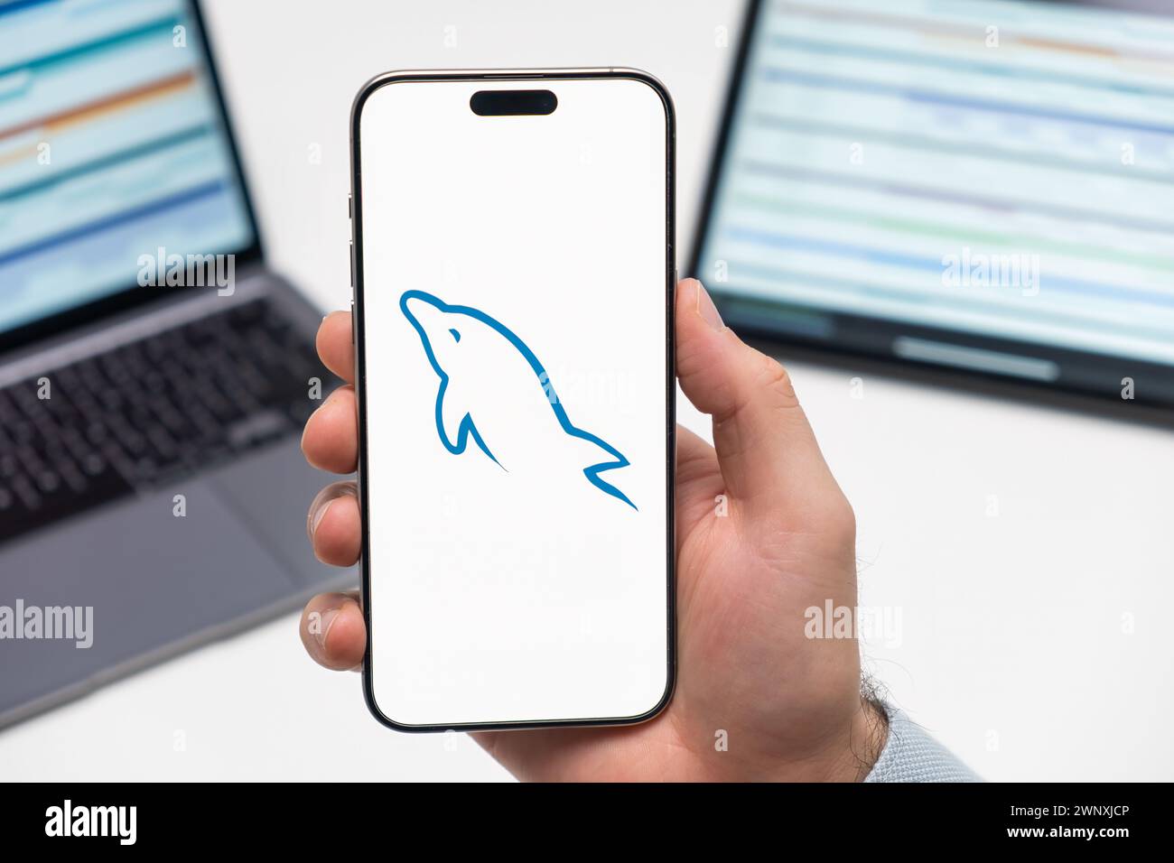 PRAGUE, CZECH REPUBLIC - JANUARY 21 2024: My SQL logo on the screen of ...