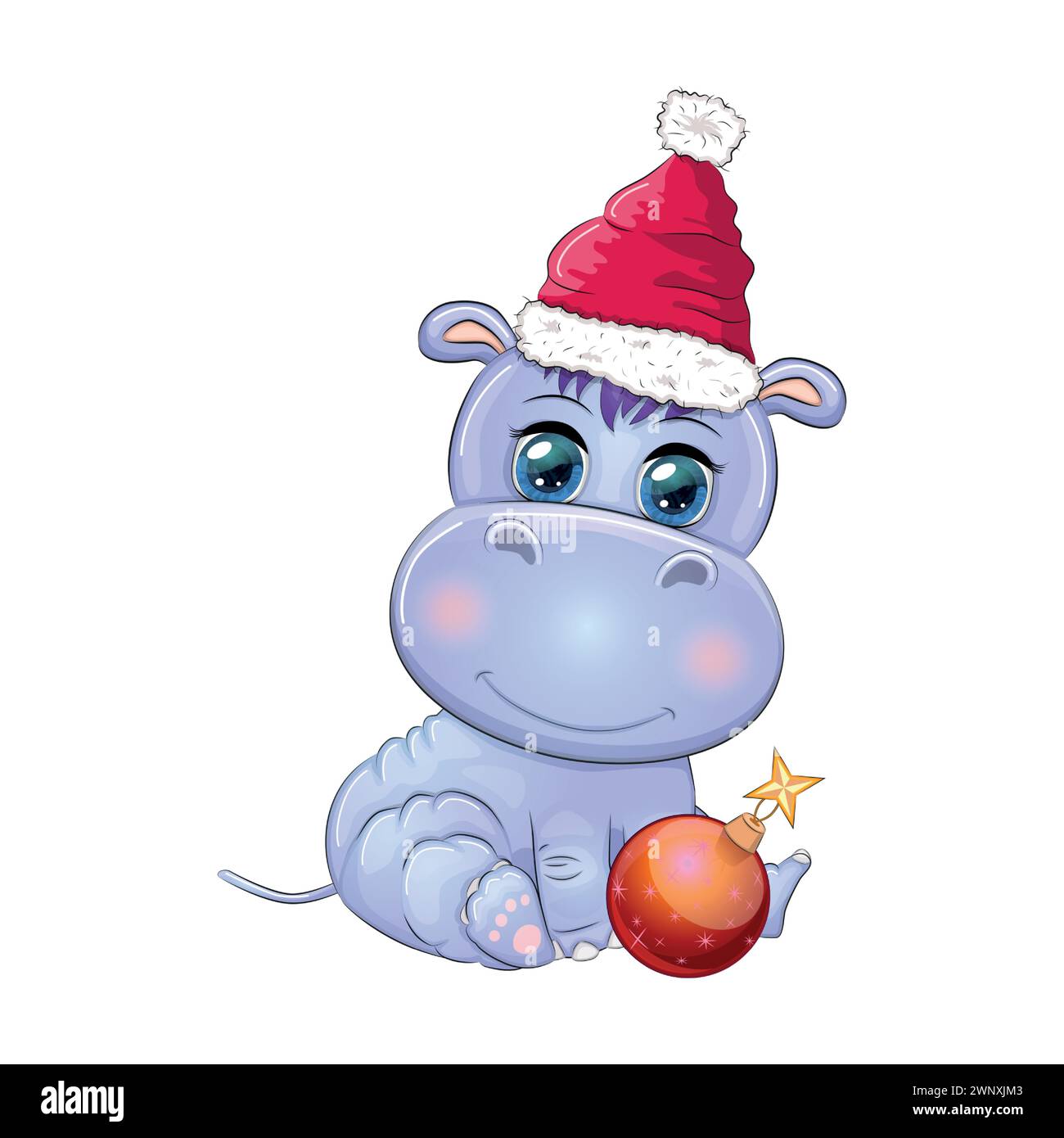 Cute cartoon hippo in Santa hat with gift, Christmas ball and candy ...