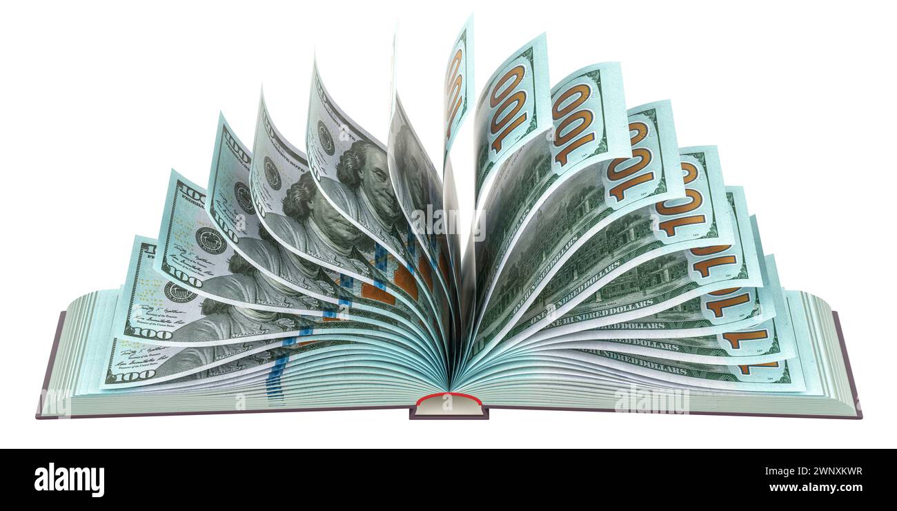 Opened book with dollars as pages, 3D rendering isolated on white ...