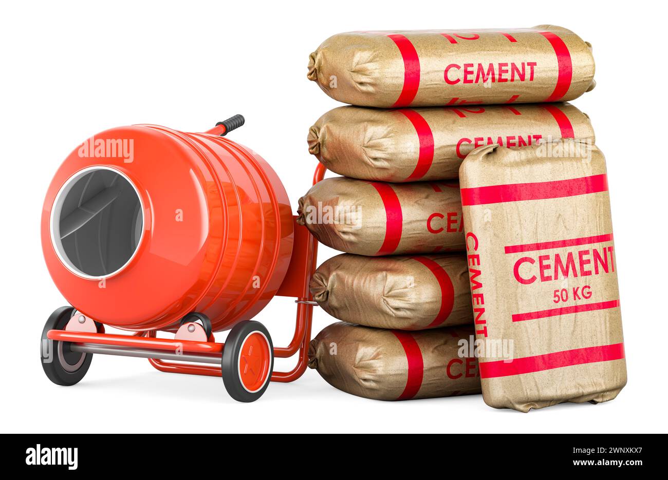 Building and construction, concept. Cement mixer with cement bags. 3D ...