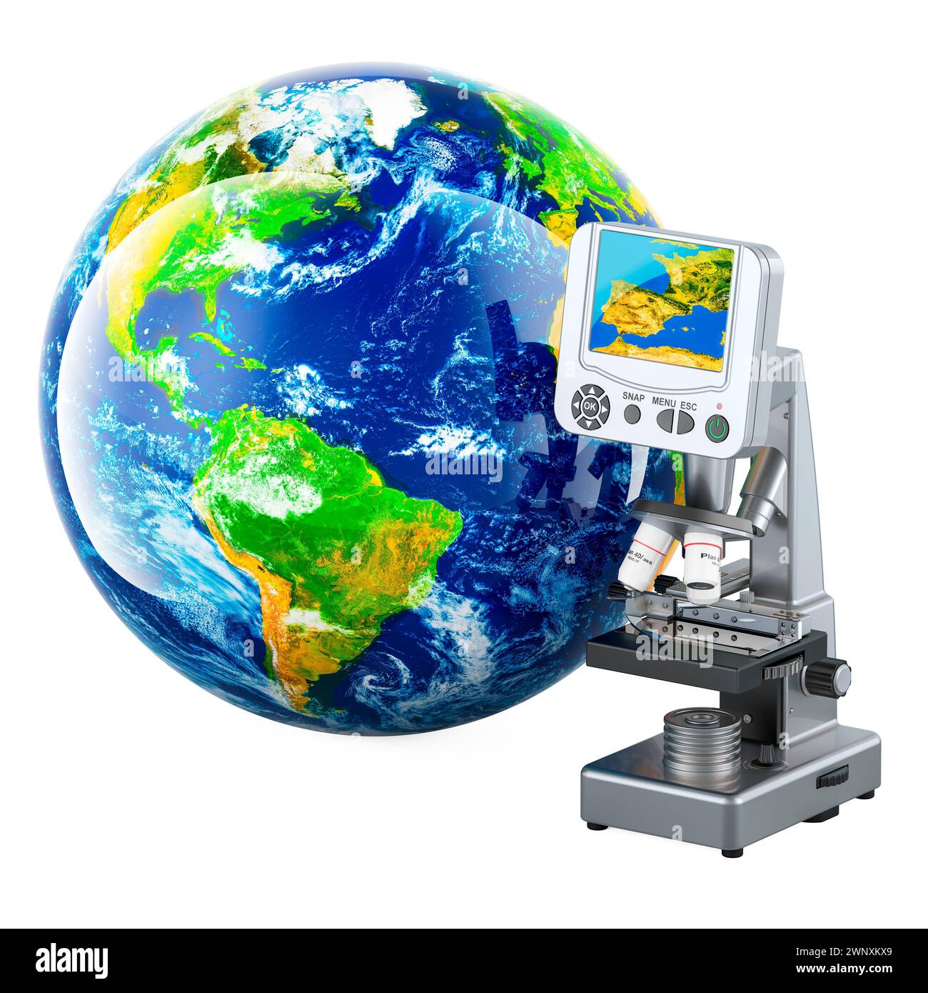 Microscope with Earth Globe. Global research and discovery, concept. 3D ...