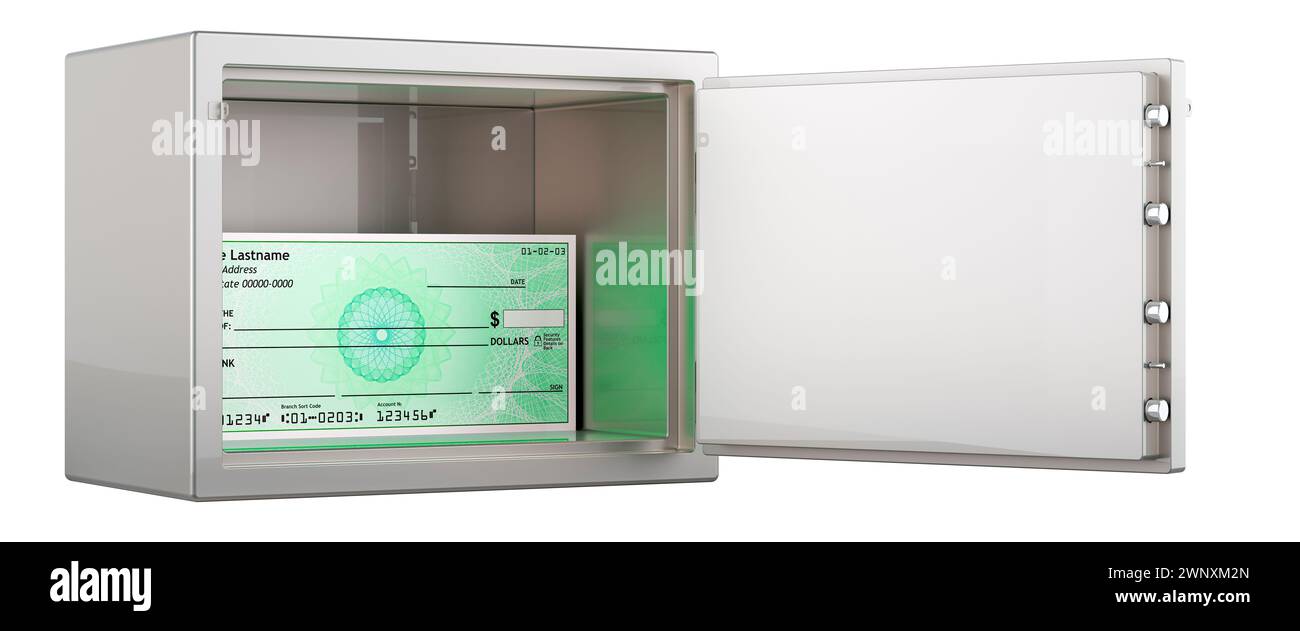 Blank bank check inside combination lock safe, 3D rendering isolated on ...