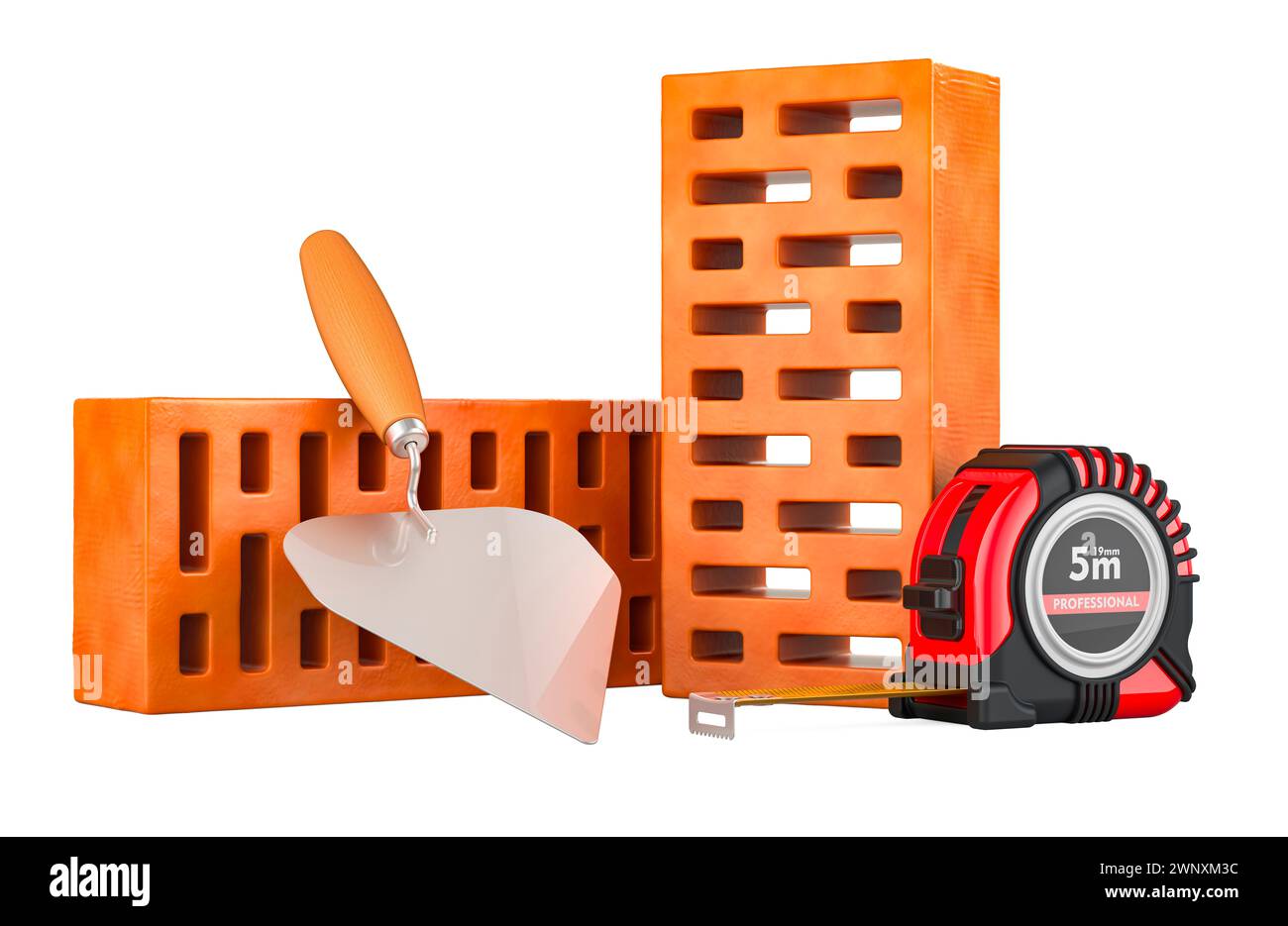 Bricks with masonry trowel and tape measure. Construction concept. 3D ...