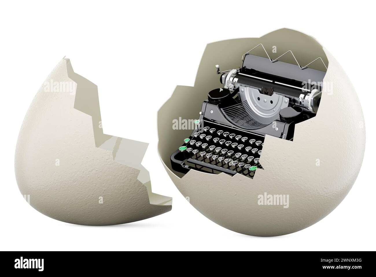 Typewriter inside broken chicken egg. Birth of writer or book, concept ...
