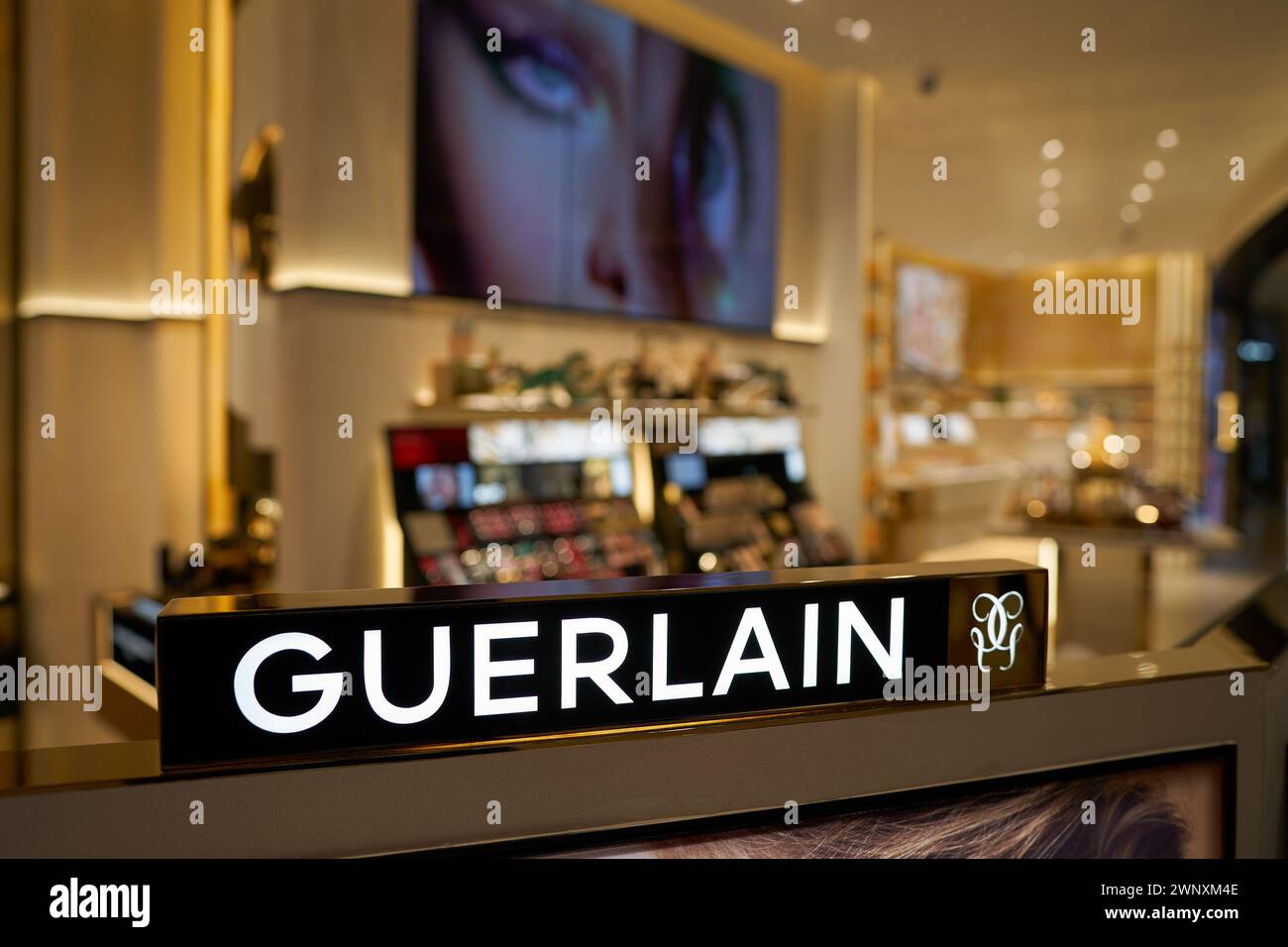 SINGAPORE - NOVEMBER 06, 2023: close up shot of Guerlain sign as seen ...
