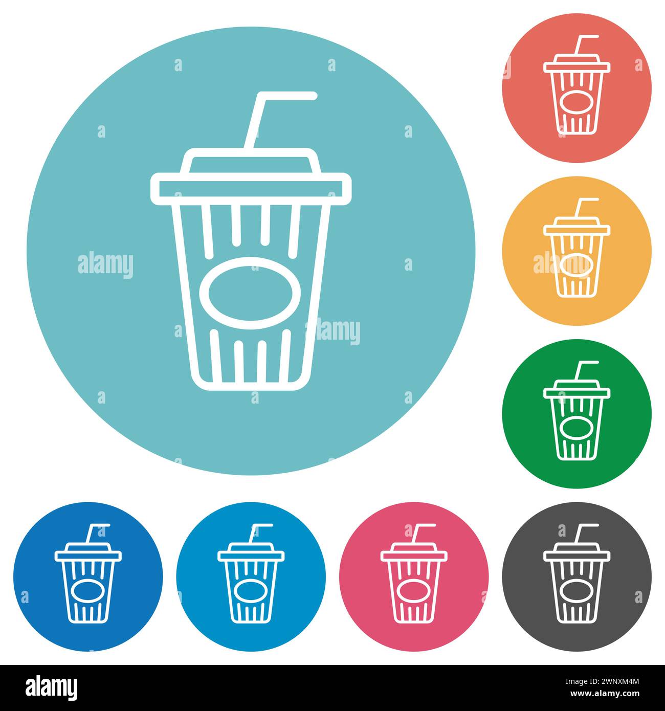 Disposable cup with straw outline flat white icons on round color backgrounds Stock Vector Image ...