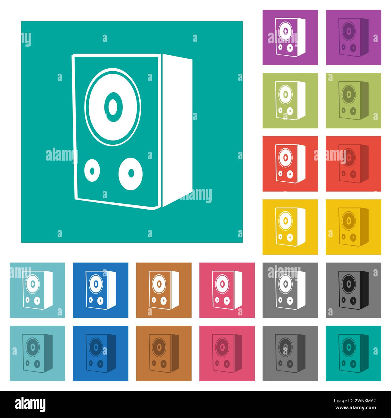 Speaker multi colored flat icons on plain square backgrounds. Included ...