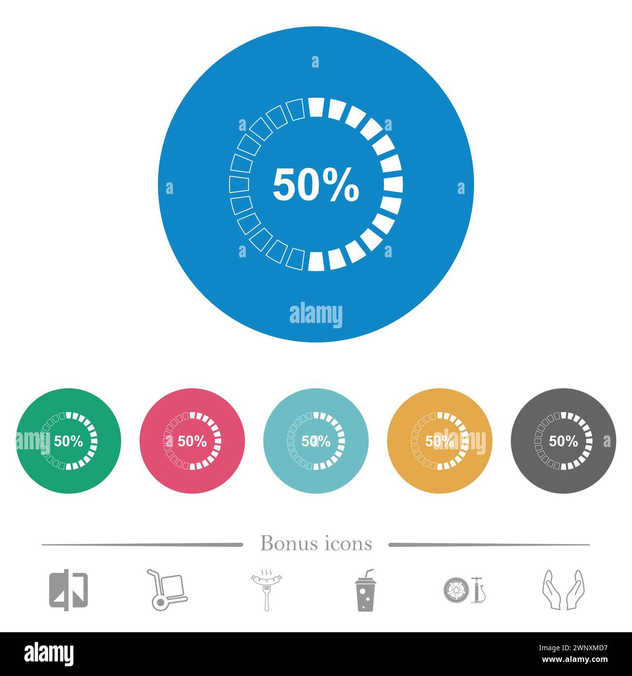 50 percent loaded indicator flat white icons on round color backgrounds ...