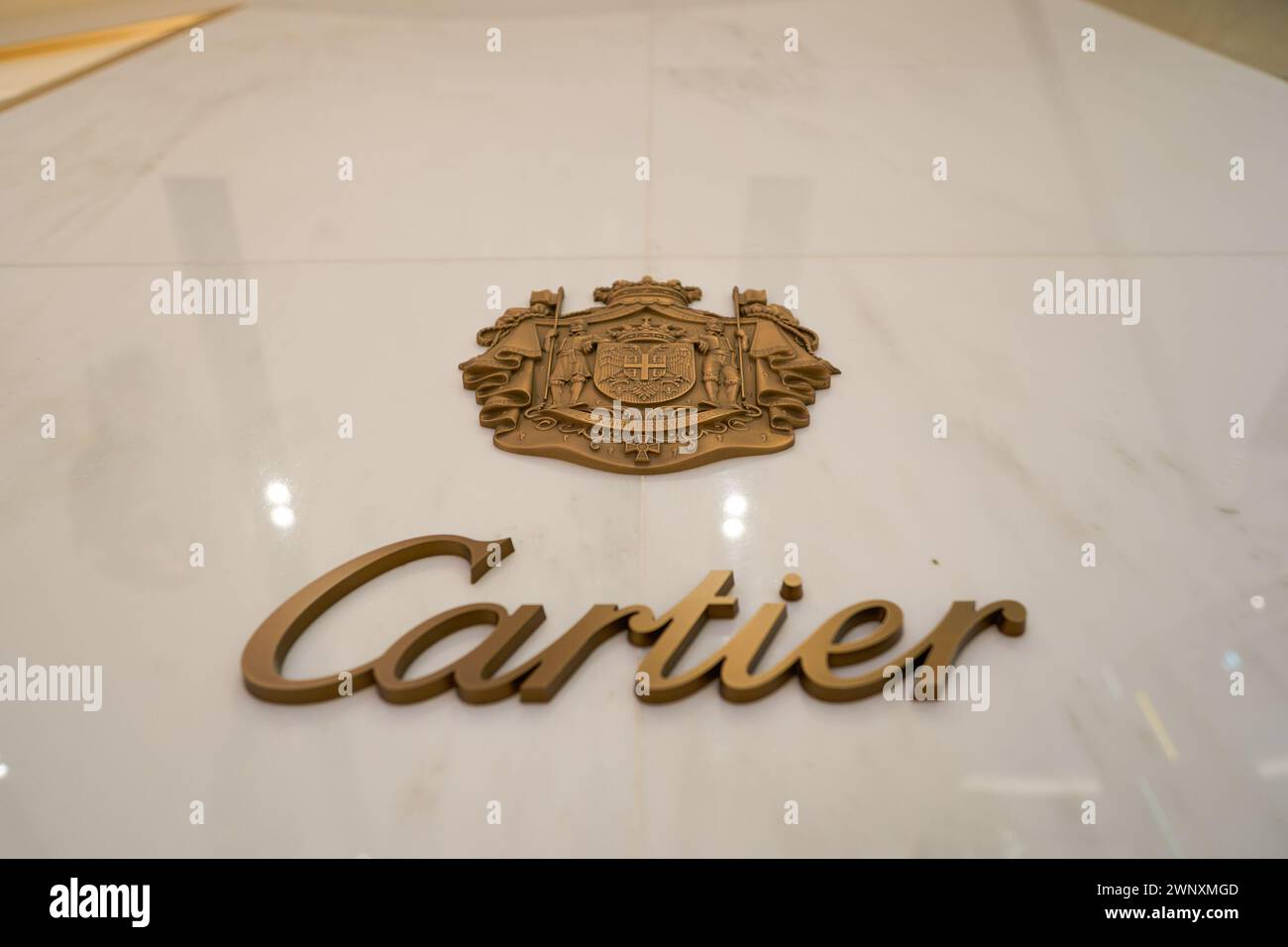 SINGAPORE - NOVEMBER 06, 2023: close up shot of Cartier sign, focus on ...