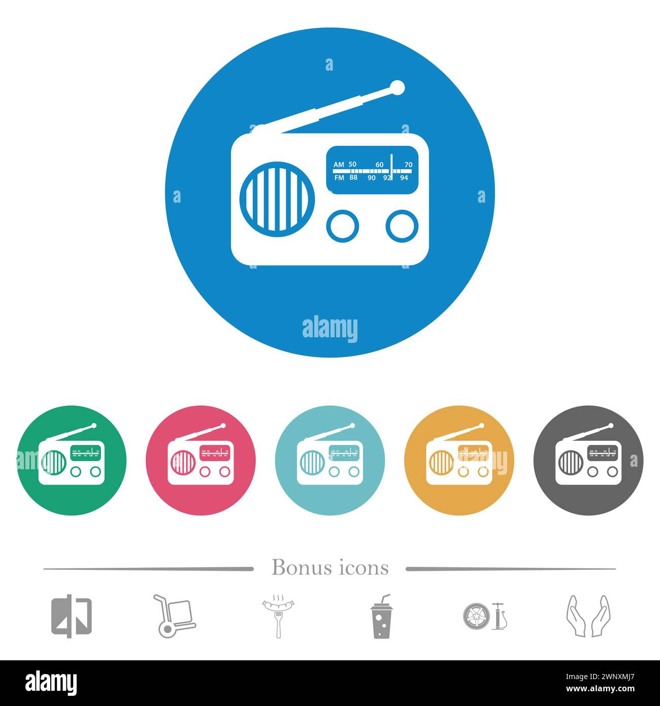 Retro radio flat white icons on round color backgrounds. 6 bonus icons included Stock Vector ...