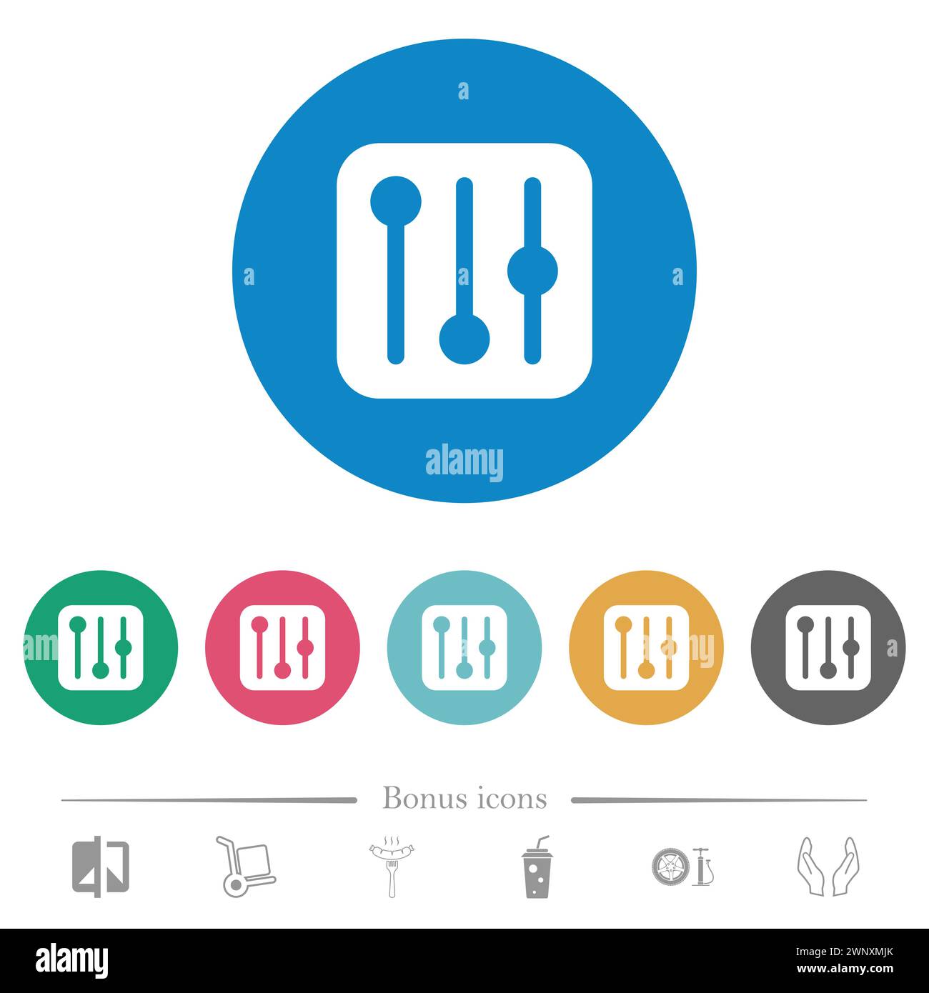 Equalizer solid flat white icons on round color backgrounds. 6 bonus ...
