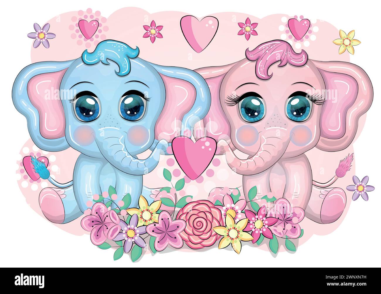 Baby Shower greeting card with Cute Elephant boy and girl with ...