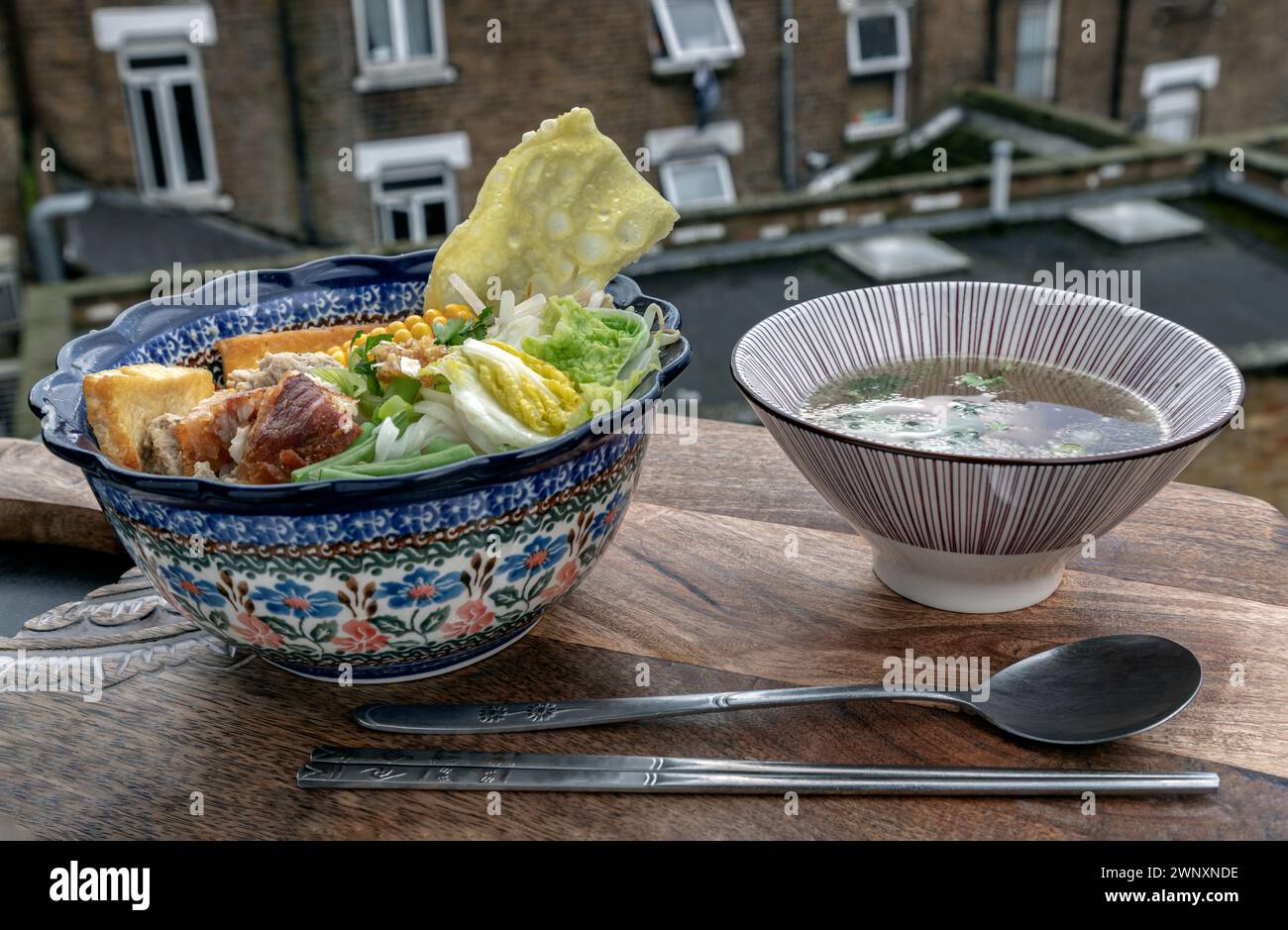 Rice stick noodles topped with Minced pork, Crispy pork, Fried wontons ...