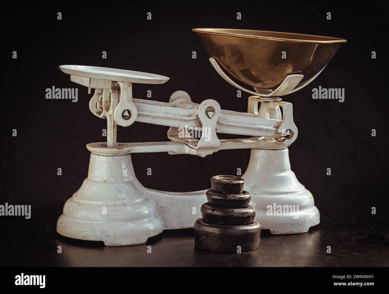 Old obsolete manual weighing scales and Iron Brass Tray with set of ...