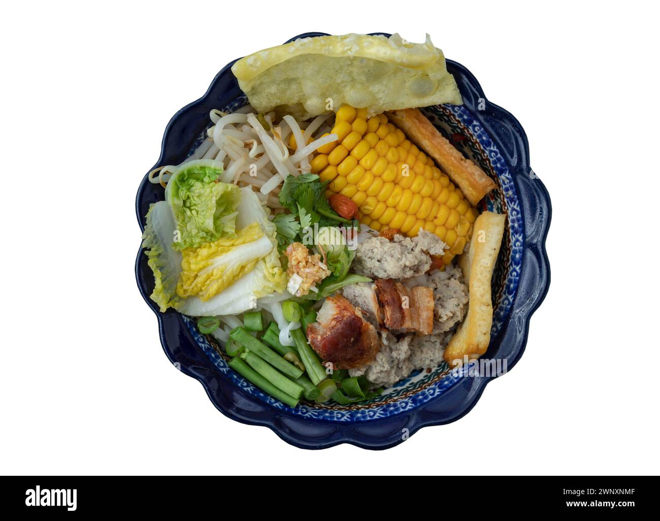 Rice stick noodles topped with Minced pork, Crispy pork, Fried wontons ...