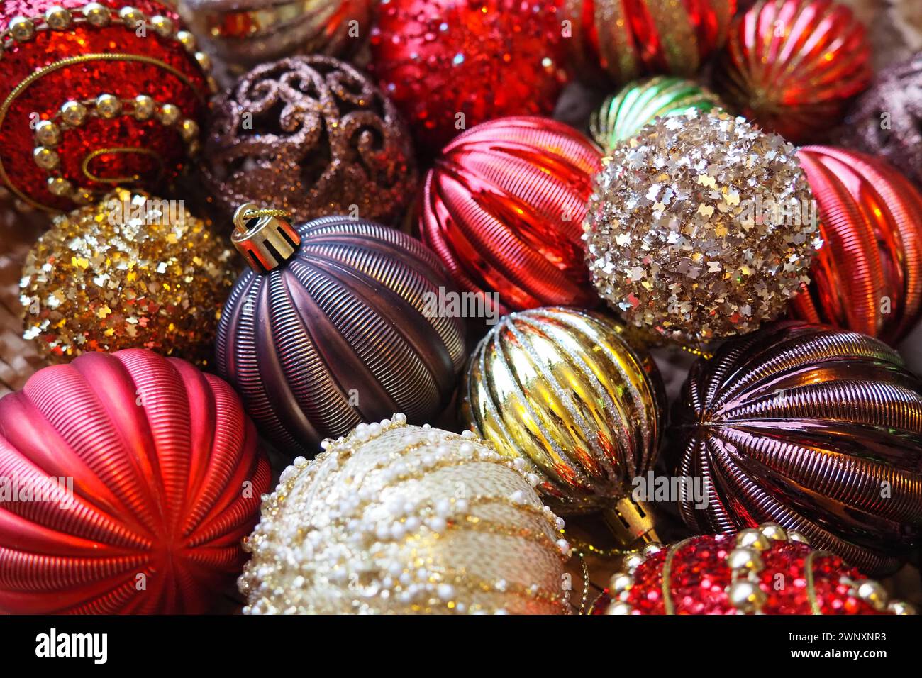 New Year's Christmas balls and decorations close up. A lot of decor of ...