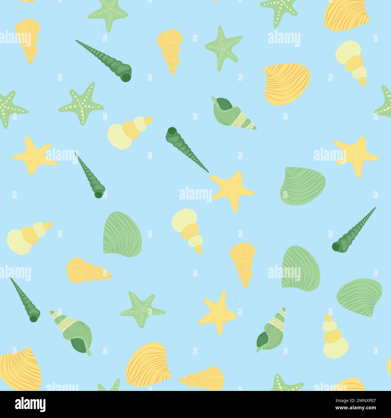 Yellow Seamless pattern with starfish, corals, pearls and shells ...