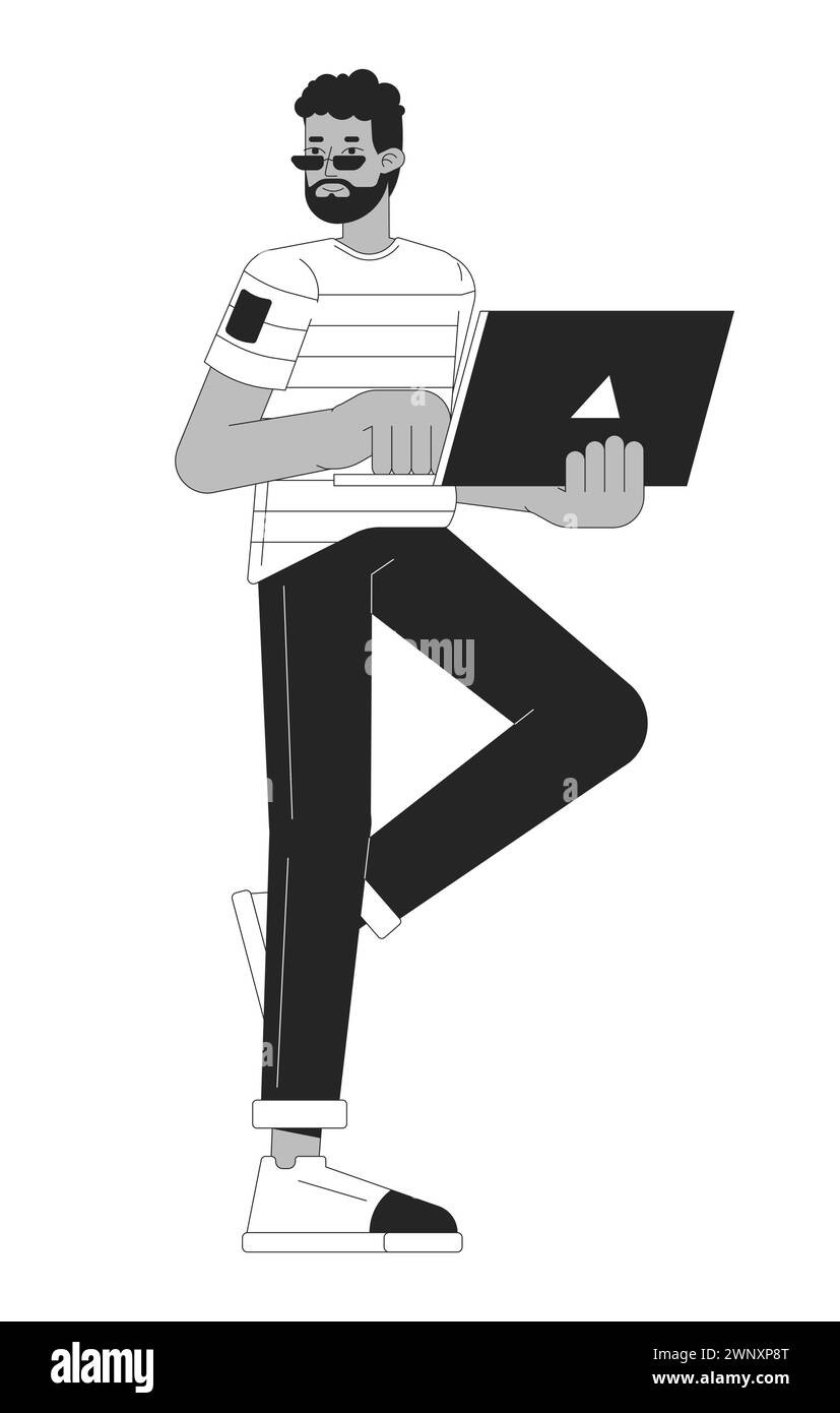African American man with laptop black and white 2D line cartoon character Stock Vector Image ...