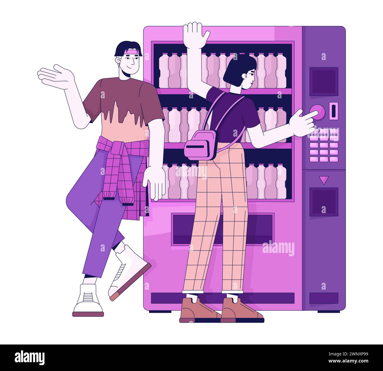 Korean young couple leaning on vending machine 2D linear cartoon ...
