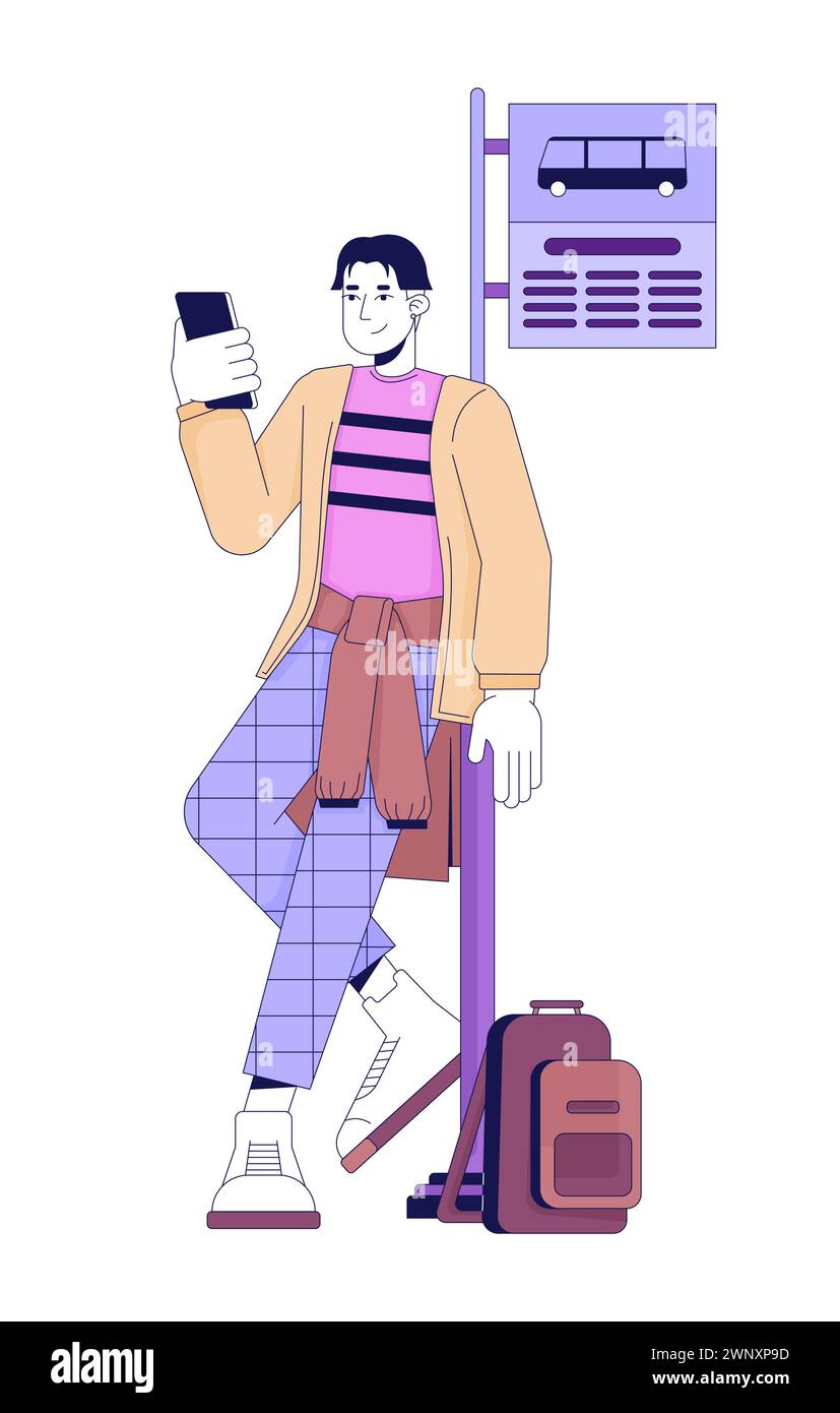 Asian guy leaning on road sign bus stop 2D linear cartoon character ...