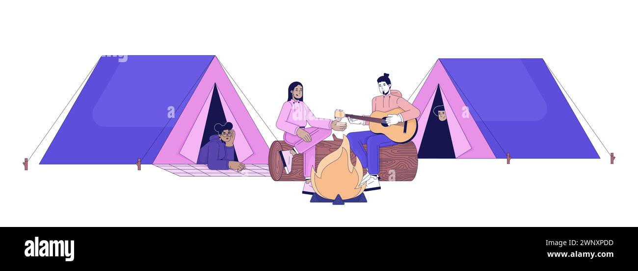 Bonfire friends camping tents 2D linear cartoon characters Stock Vector ...