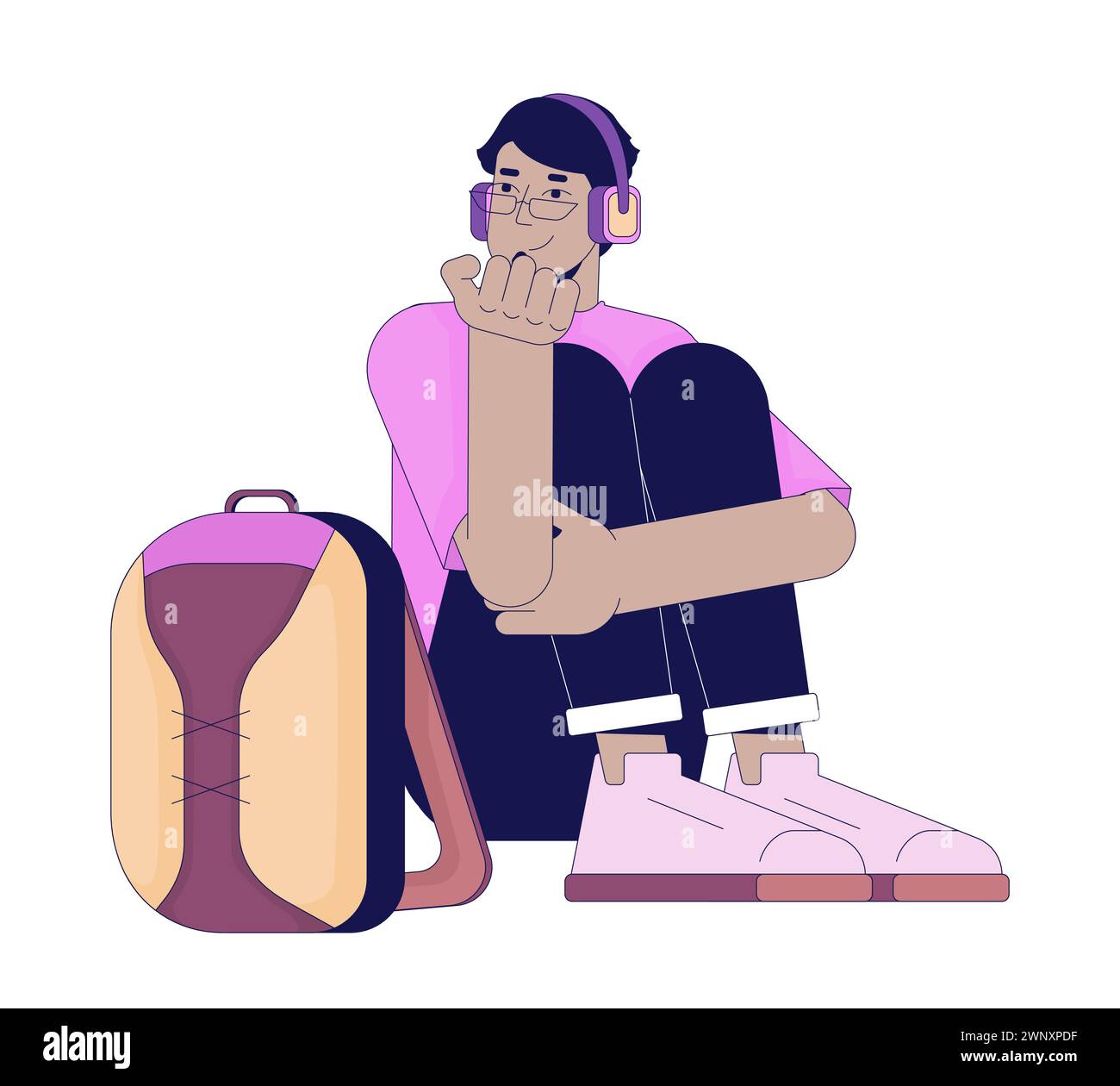 Middle eastern guy headphones sitting with backpack 2D linear cartoon ...