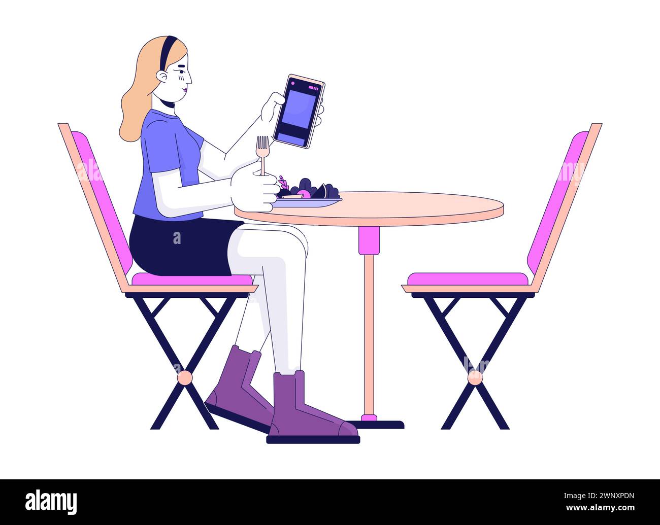 Blonde woman on phone while eating 2D linear cartoon character Stock ...