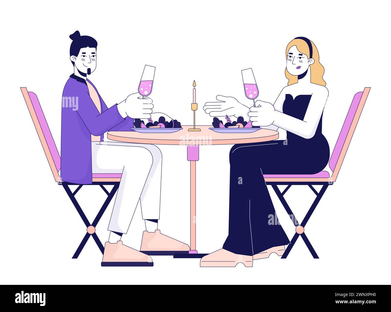Heterosexual Couple On Romantic Date 2d Linear Cartoon Characters Stock
