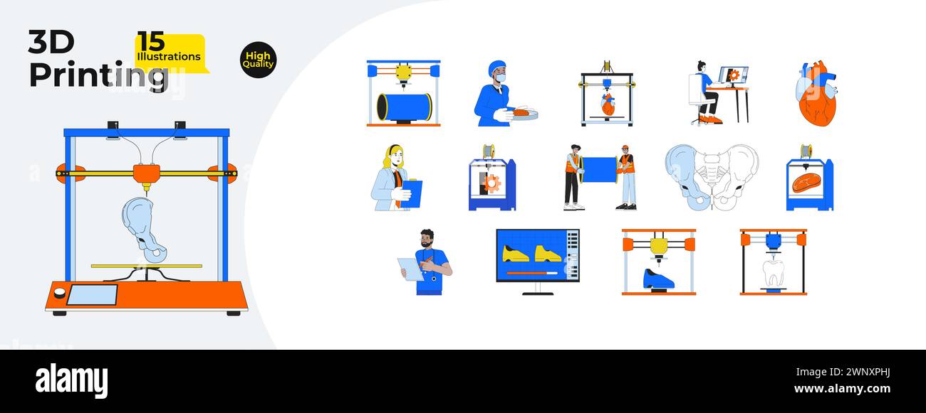 3d printers technicians line cartoon flat illustration bundle Stock ...
