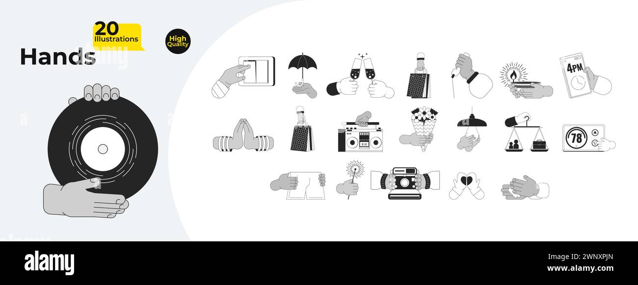 Daily routine lifestyle cartoon hands outline illustration bundle Stock ...