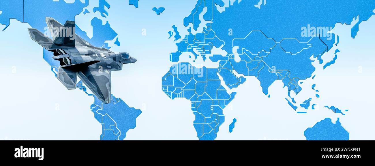 A graphic image showcasing a stealth fighter jet flying above a digital ...