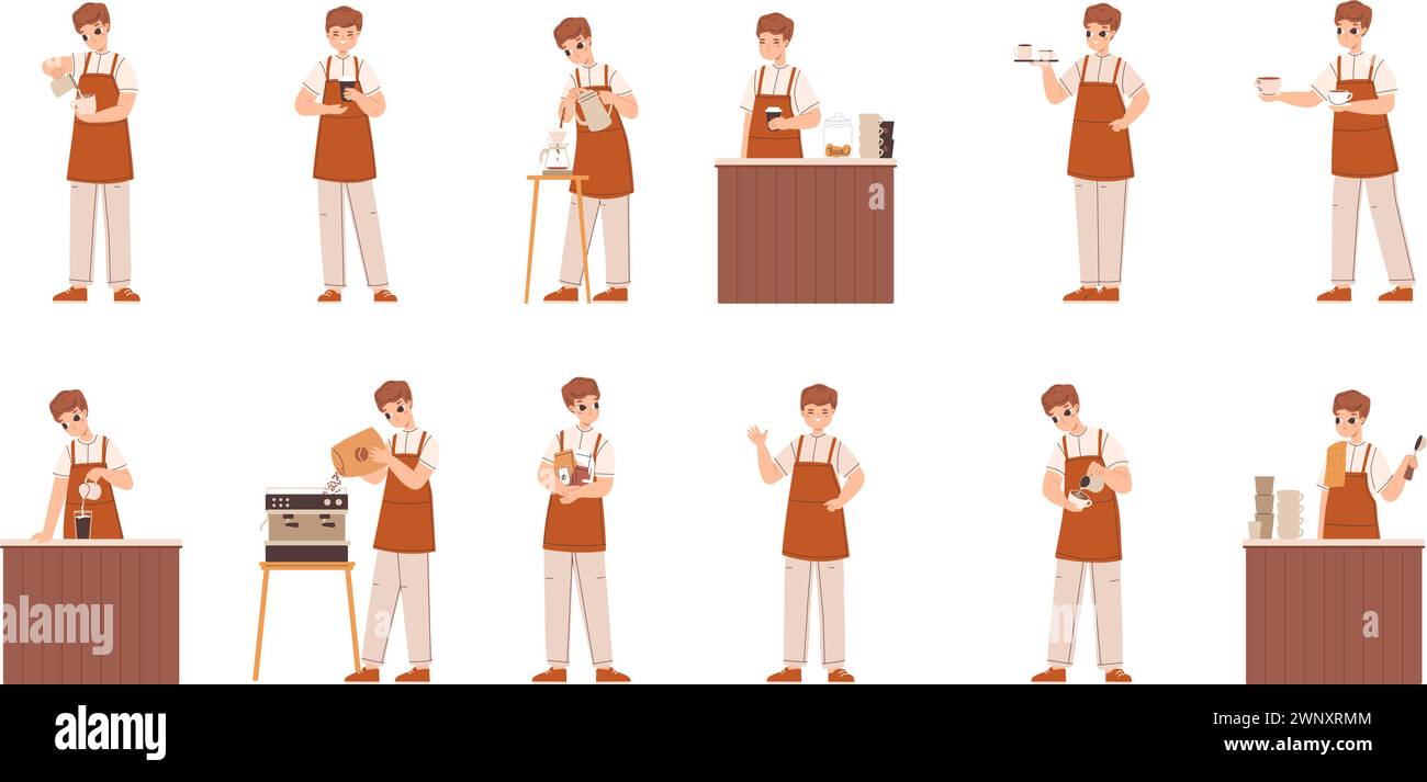 Cartoon barista working. Young male character doing coffee, pours ...