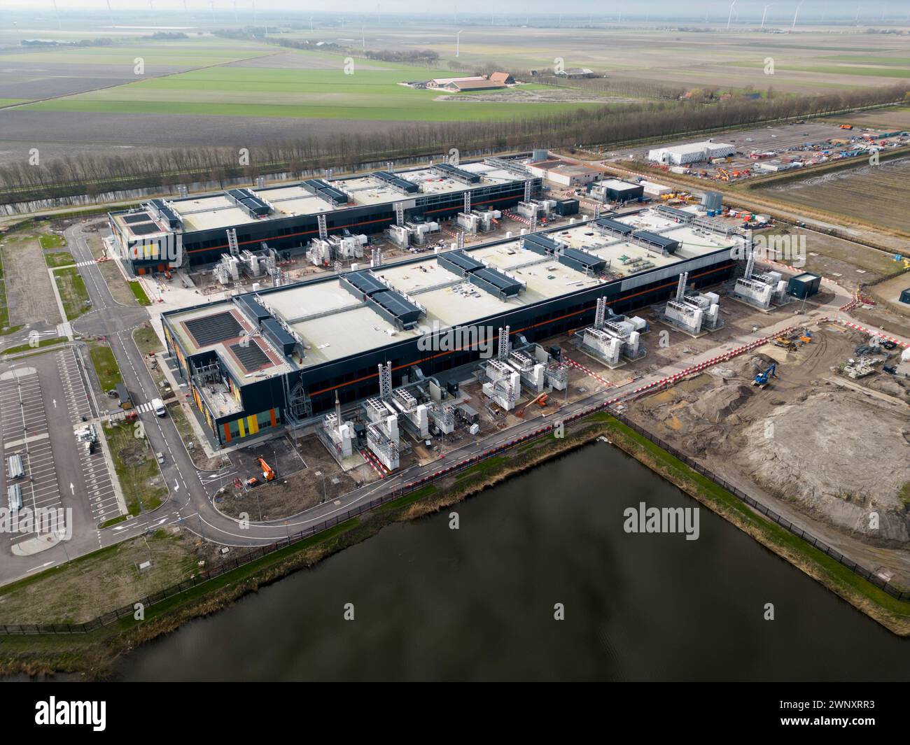 Aerial view of a large datacenter in Noord Holland, The Netherlands ...