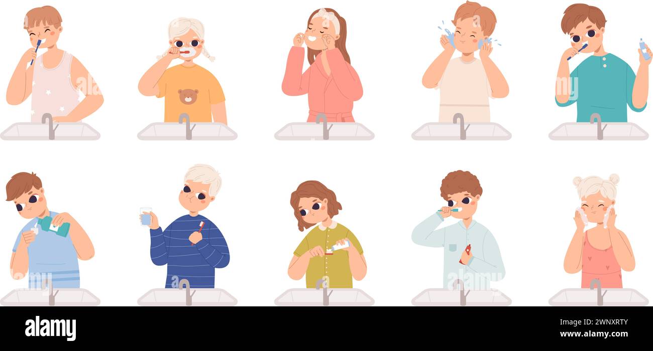Children brushing teeth. Hygiene routine at morning or evening. Brush ...