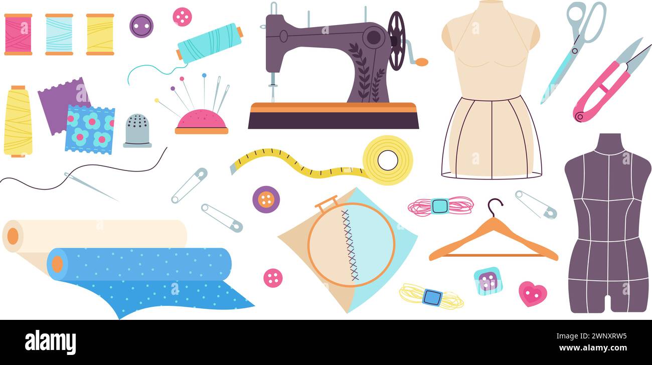 Sewing elements. Hand crafting, tailor shop collection. Sew mannequin ...