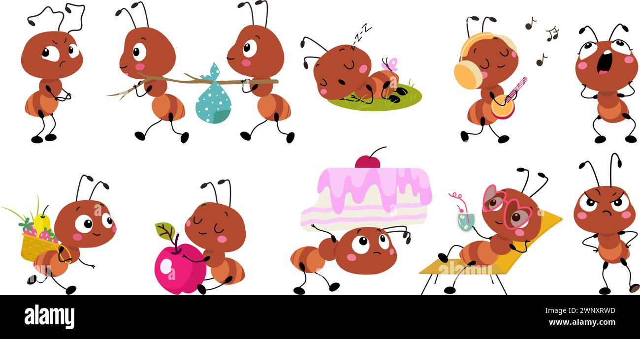 Funny ant. Isolated little ants different emotions. Cute insects ...