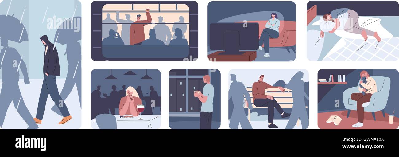 Lonely characters. People feeling loneliness, unhappy and sad. Feel ...