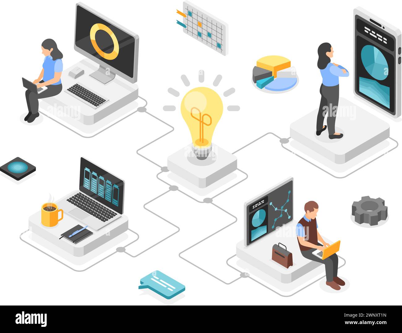 Technology startup. Isometric concept of digital science or network ...