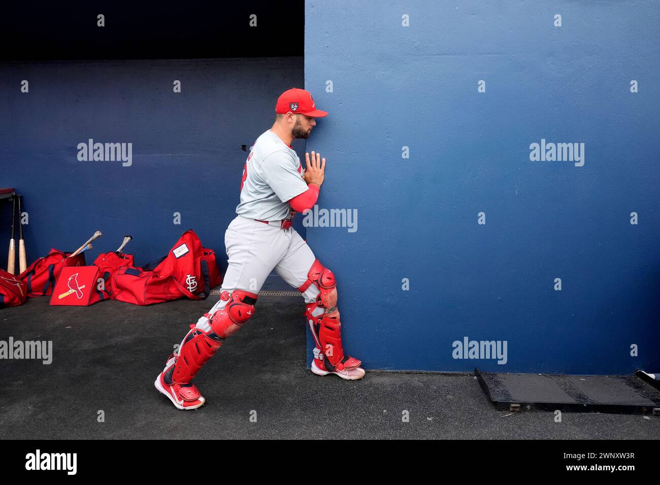 St. Louis Cardinals catcher Nick Raposo stretches before entering a ...