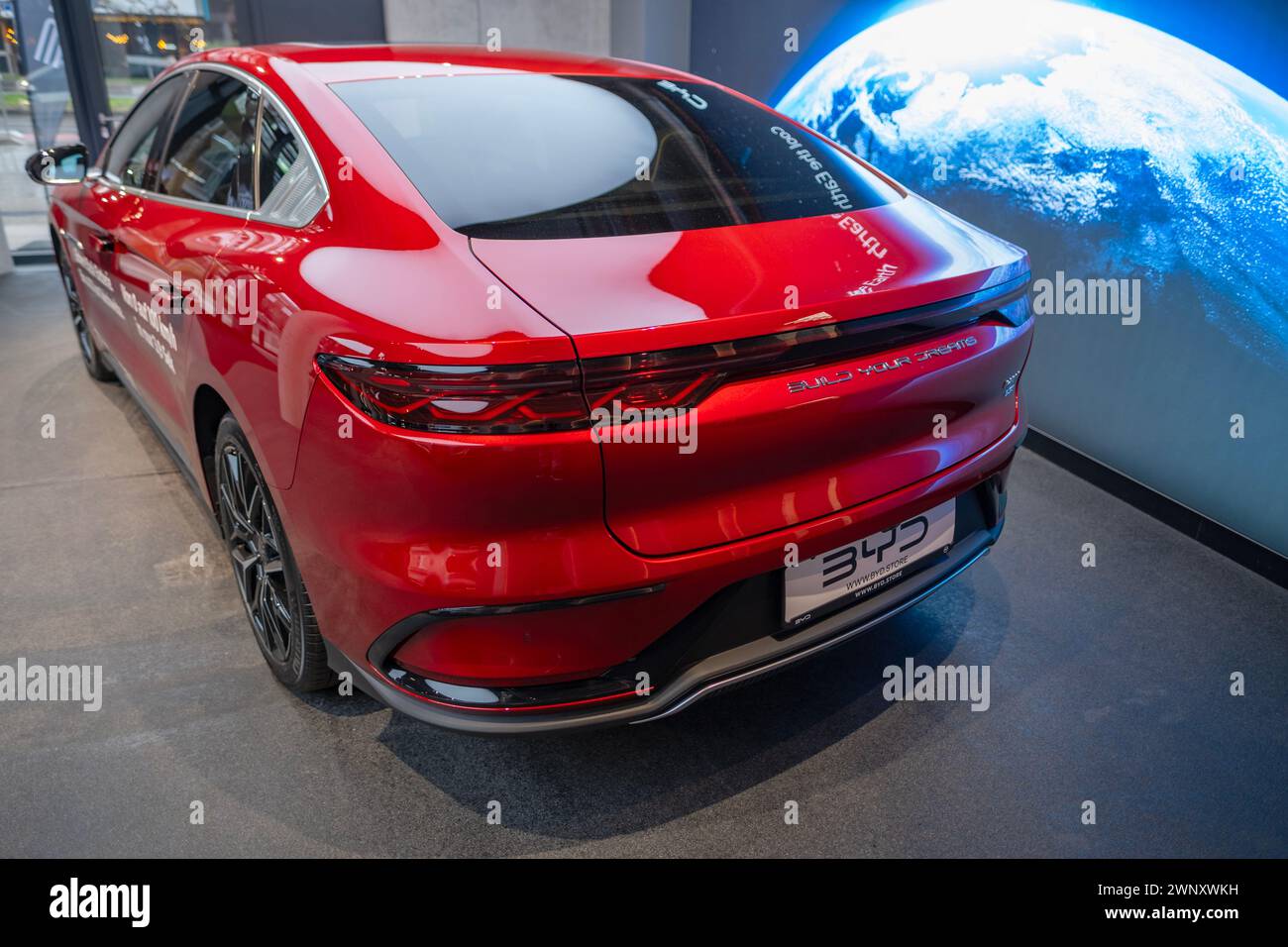 new red BYD Han EV 3.95, rear view, Electric Vehicle Chinese ...