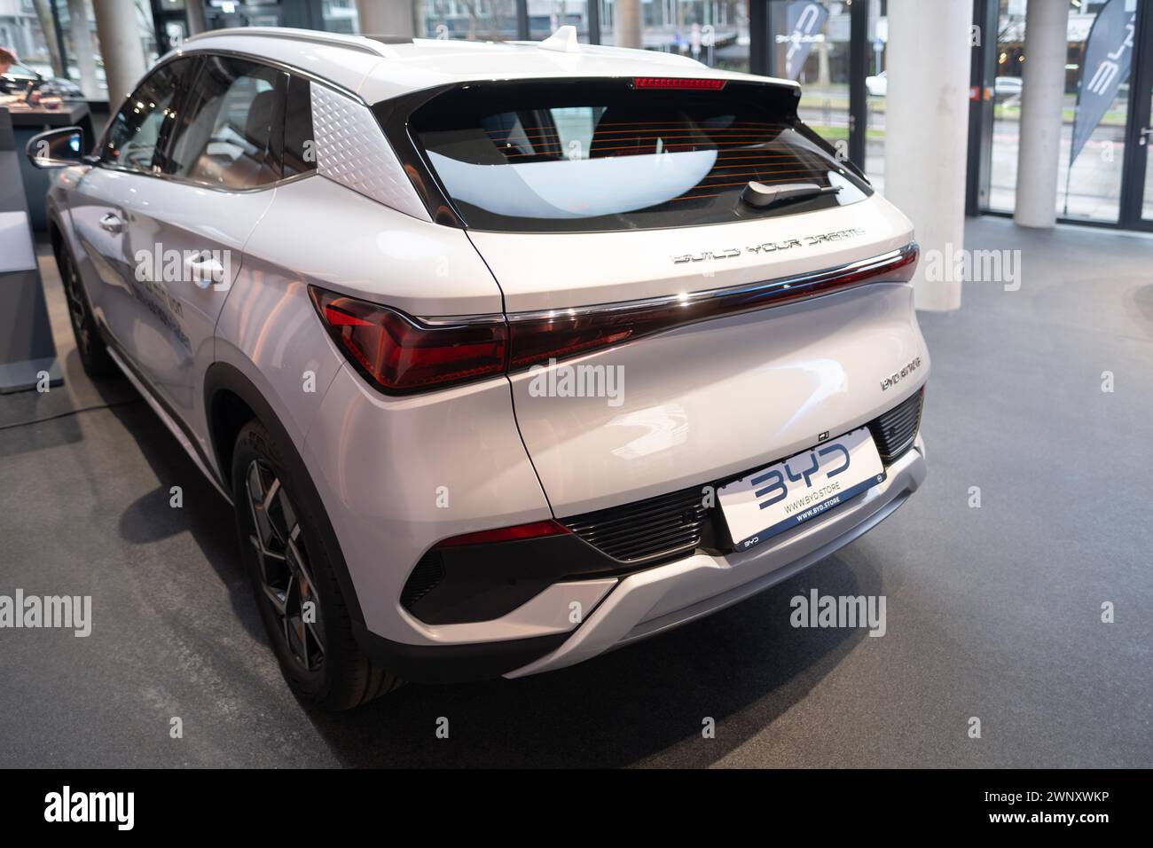 new white BYD Han EV 3.95, rear view, Electric Vehicle Chinese ...